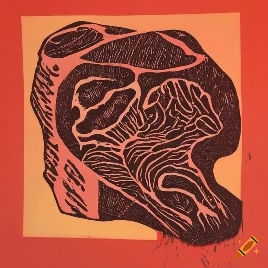 Surreal abstract shapes created with rare meat linocut on Craiyon