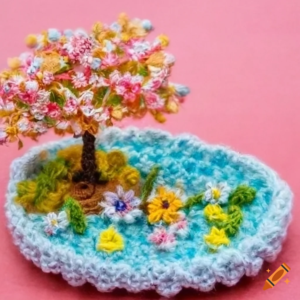 Miniature spring diorama with crochet flowers and pink tree on Craiyon
