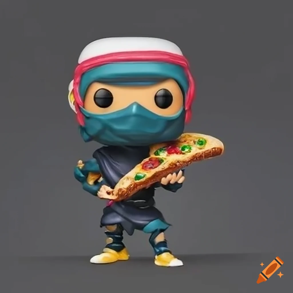 Funko pop ninja holding a pizza in black gear on Craiyon