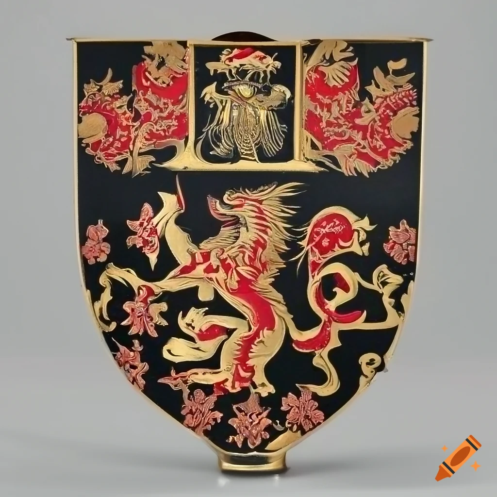 Family crest featuring a tiger and unicorn in gold, red, and black ...