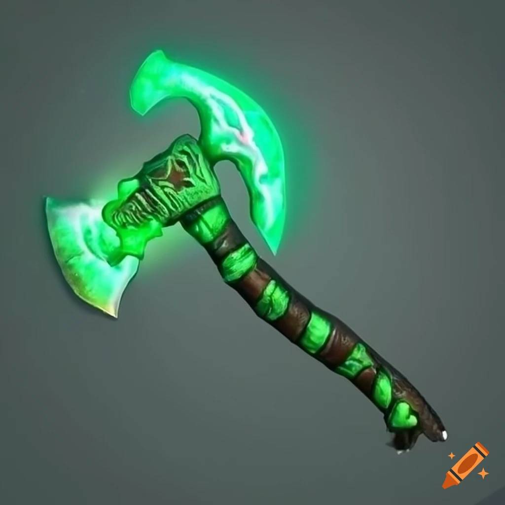 Green glowing hand axe with basilisk fang accents on Craiyon