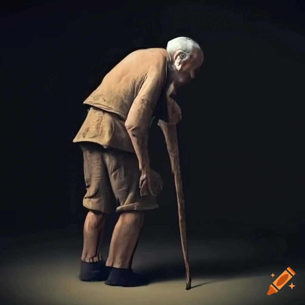 Elderly man with a walking stick walking with a slight lean on Craiyon