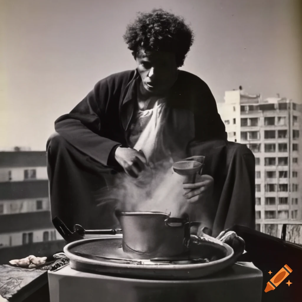 Men with Arabic features sitting on an apartment rooftop boiling a pot ...