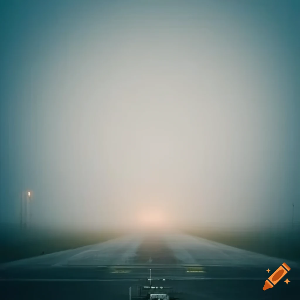 Foggy airport runway in a blue-tone landscape on Craiyon