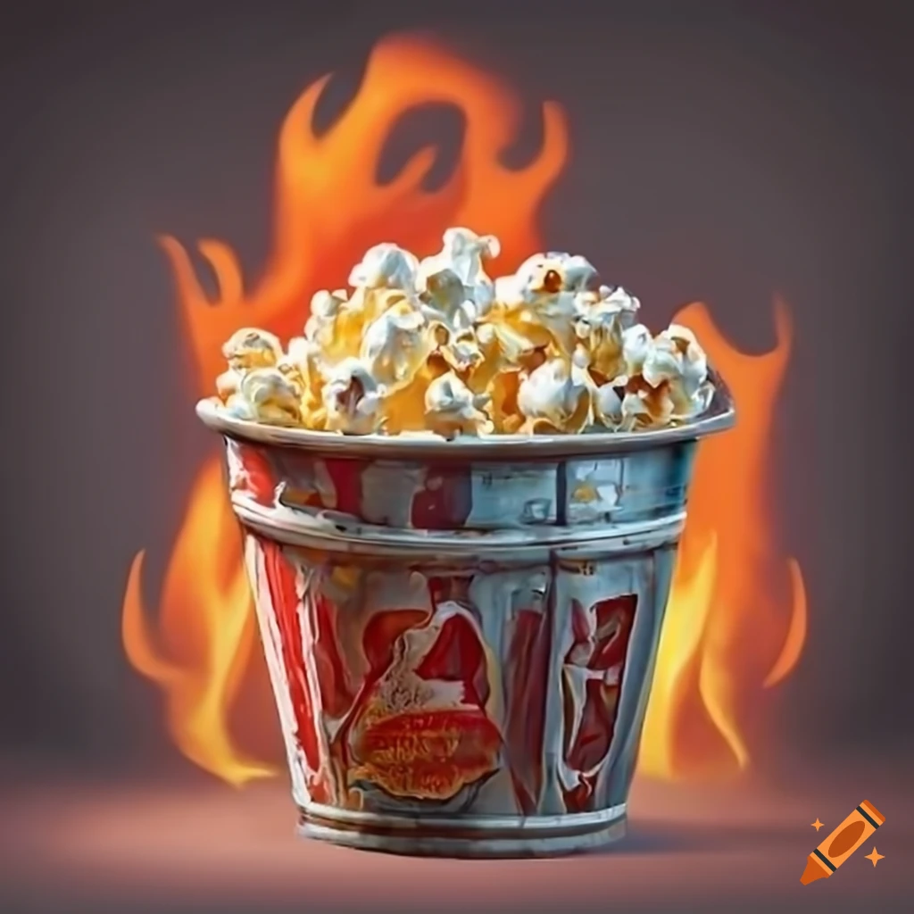 Old-fashioned popcorn bucket filled with flaming popcorn on Craiyon