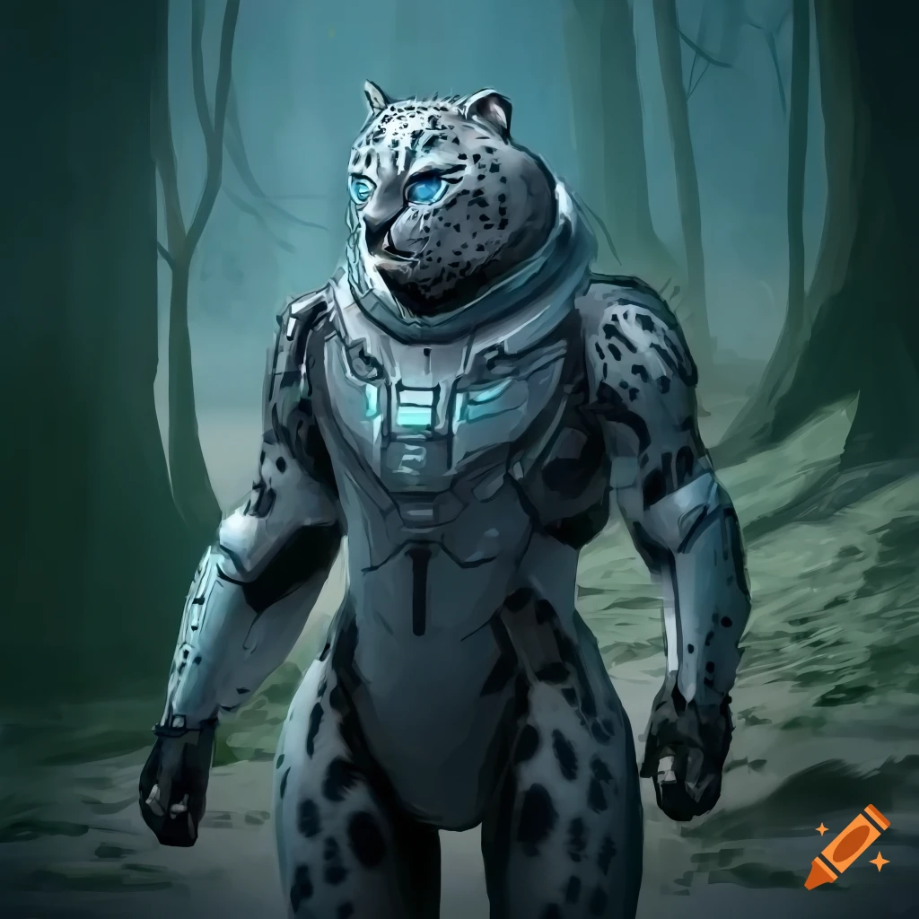 Anthropomorphic snow leopard in futuristic armor standing in a forest ...