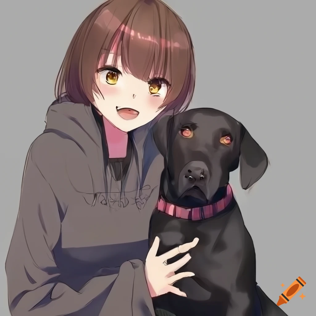 Anime girl with brown hair sitting next to her black labrador on Craiyon