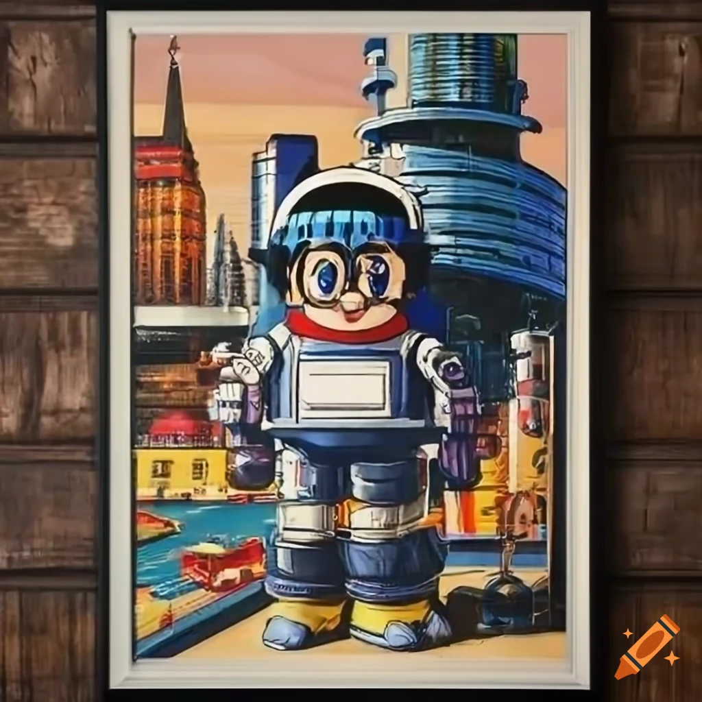 Vintage-inspired propaganda poster featuring arale robot with a beer in ...