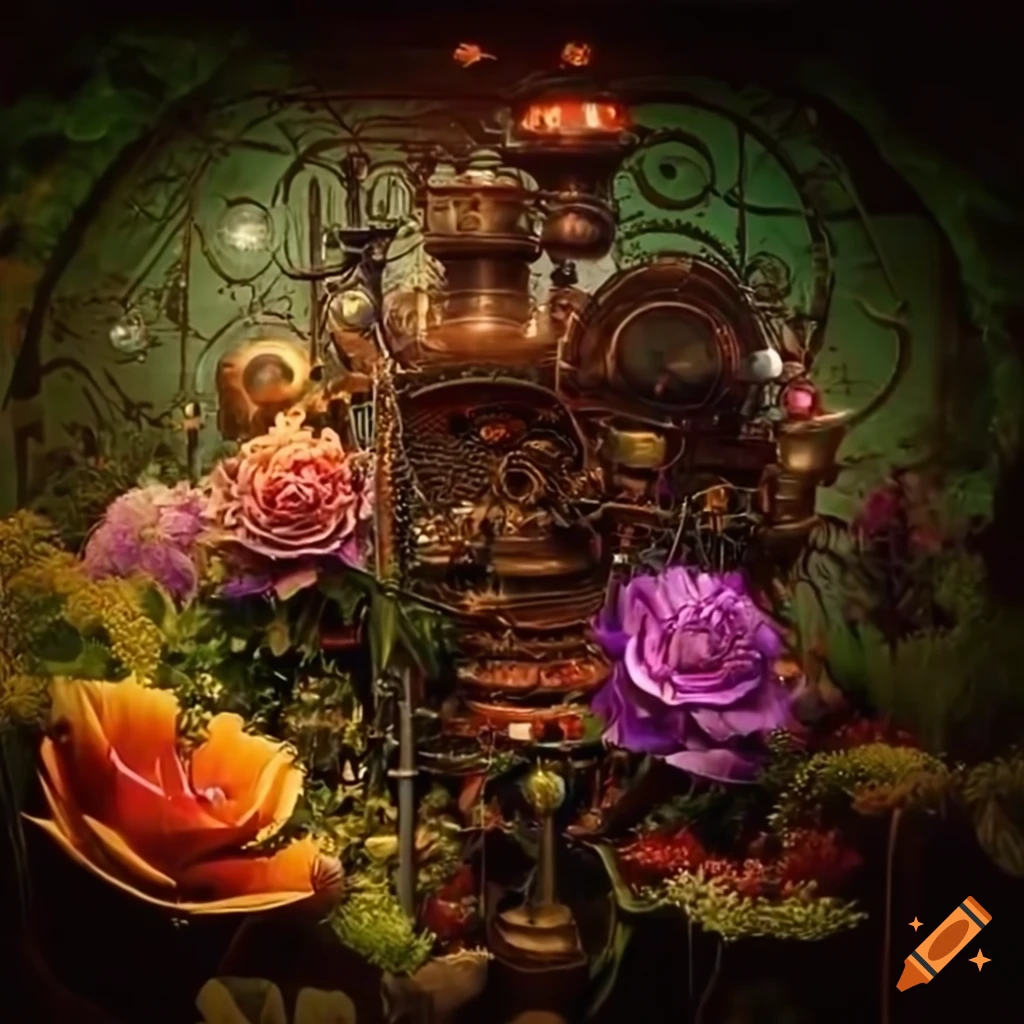 Steampunk garden with steam-powered flowers in high resolution on Craiyon