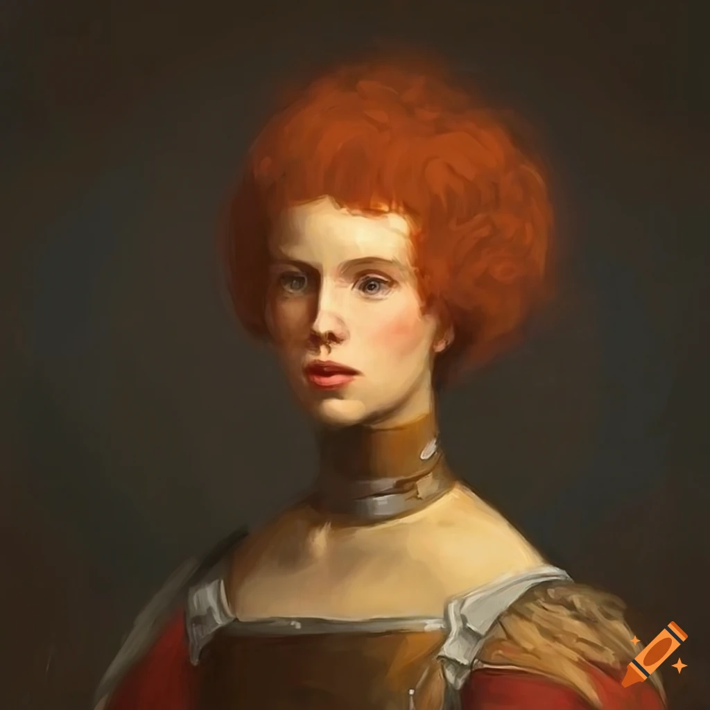 Mysterious androgynous person with ginger bowlcut hairstyle in knight ...