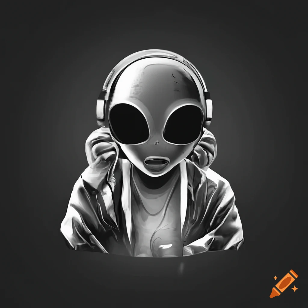 Creative logo of an alien DJ with headphones and sunglasses in a plaid ...