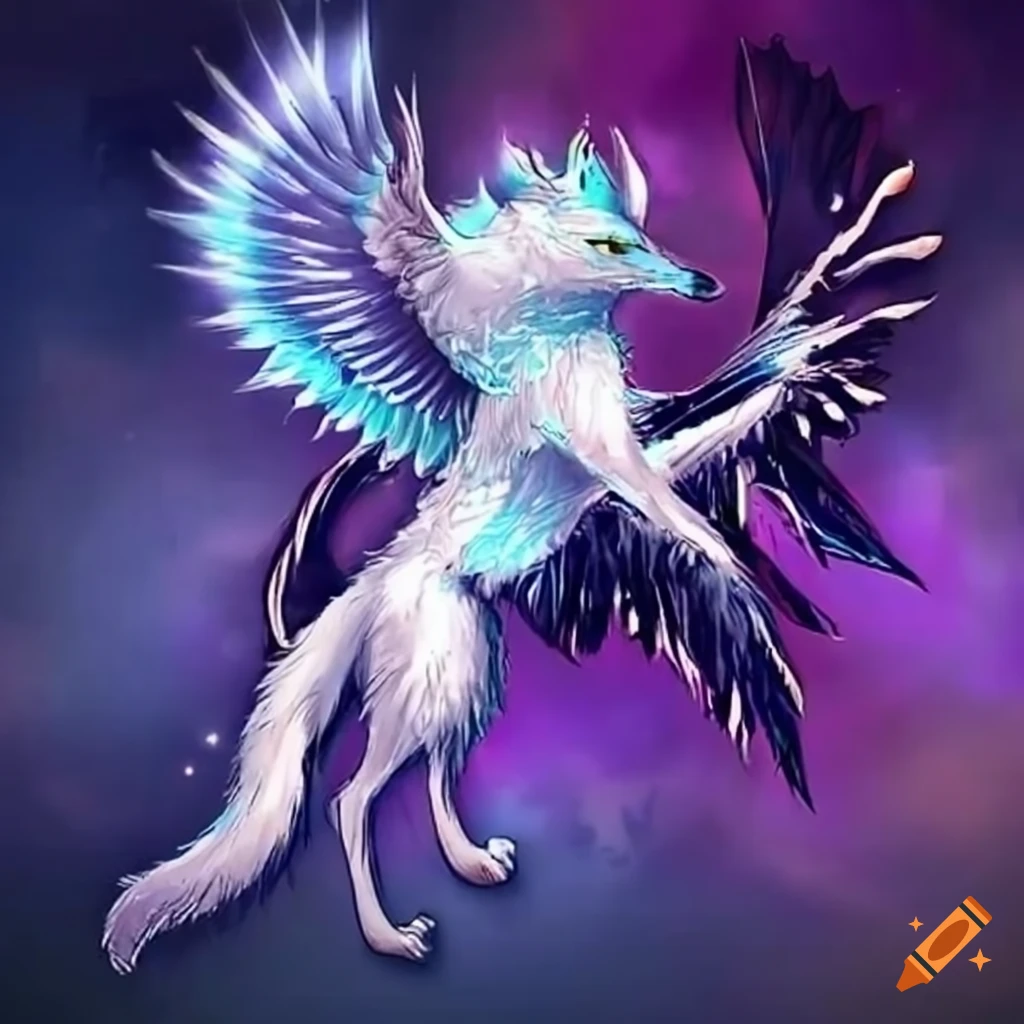 Mythical star wolf with crane legs and angel wings on Craiyon