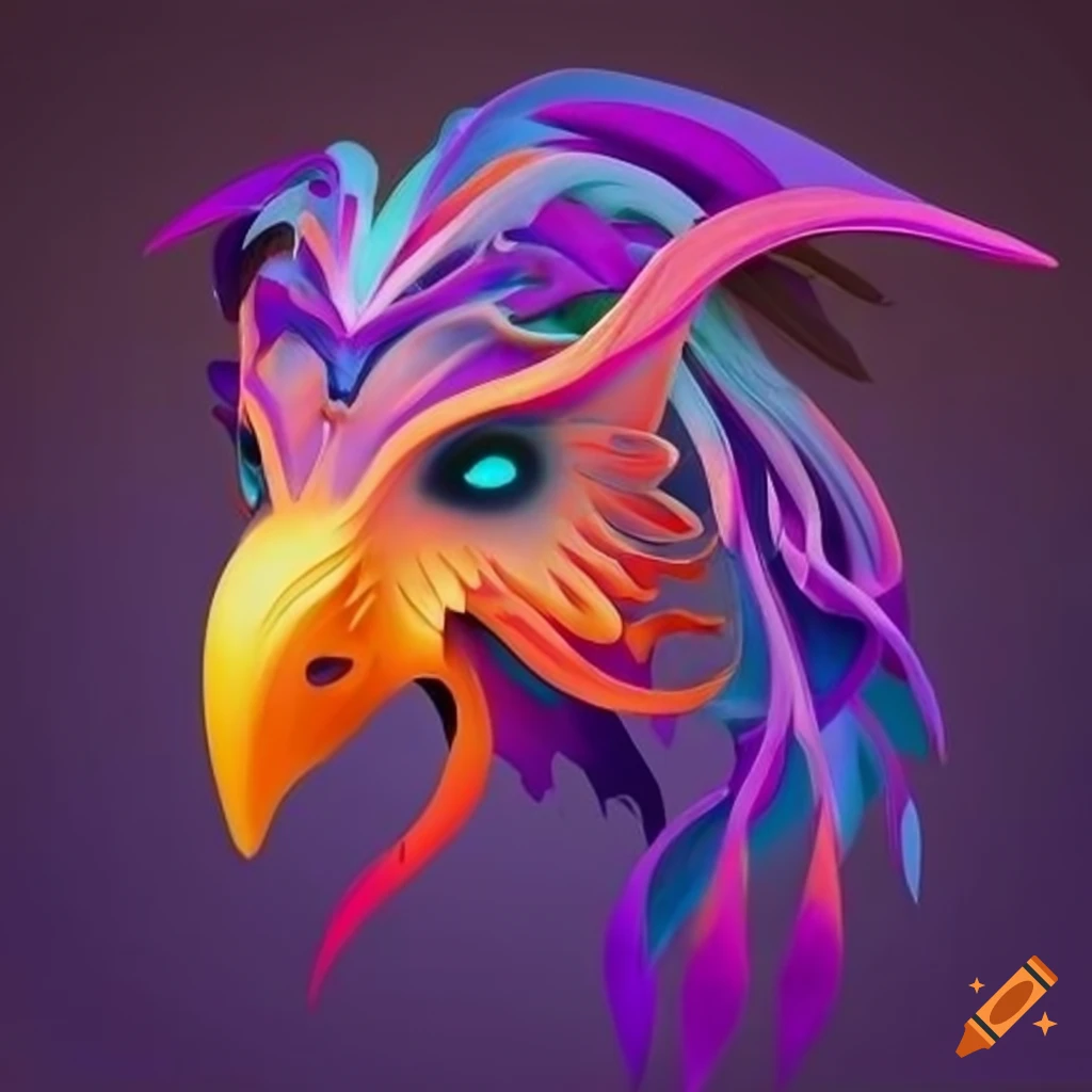 Stylized purple and orange phoenix mask on Craiyon