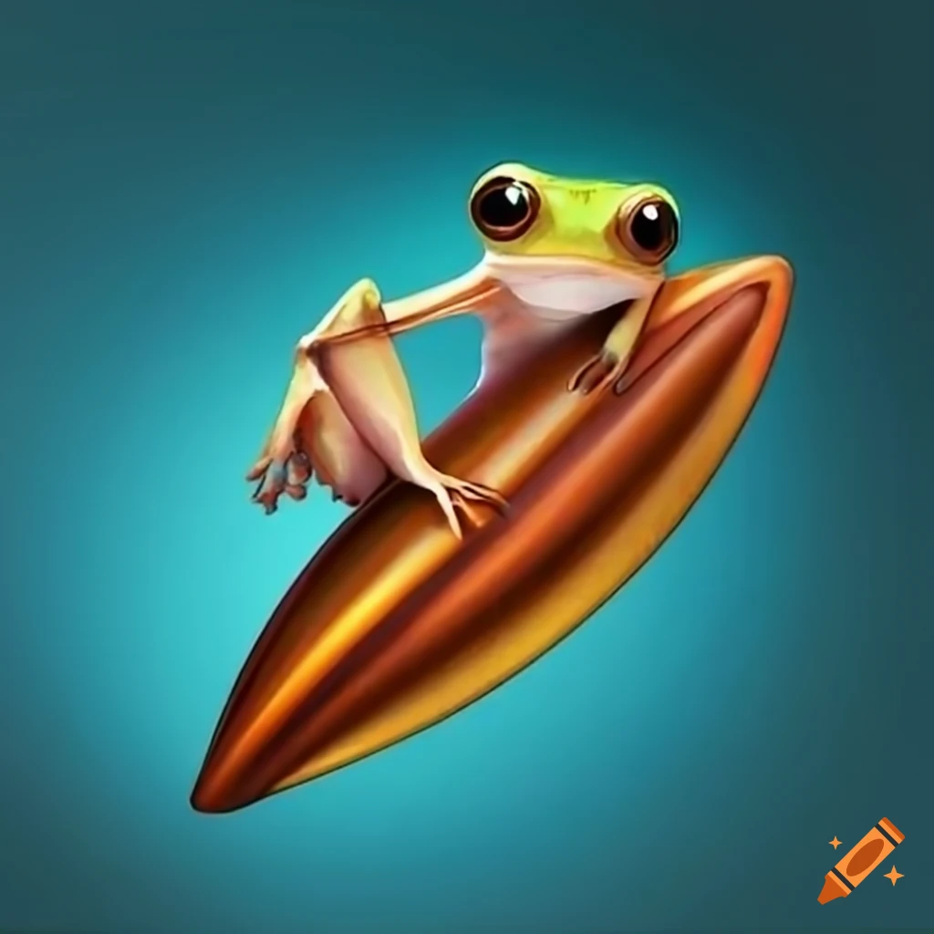 Realistic coqui frog surfing on a surfboard on Craiyon