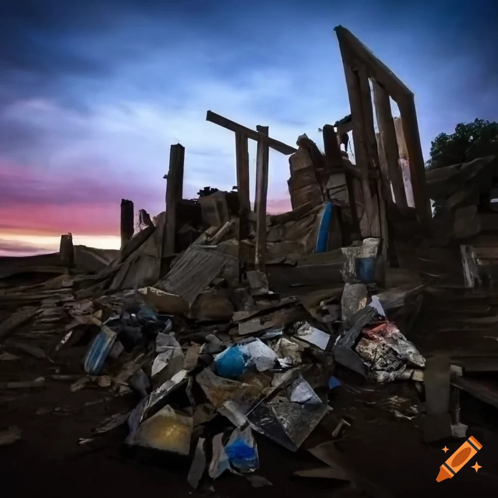 Destroyed altar amidst junk garbage in a post-apocalyptic landscape on ...