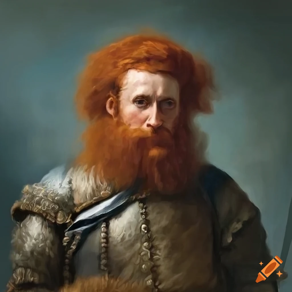 Portrait of a strong middle-aged warrior with ginger hair and beard in ...
