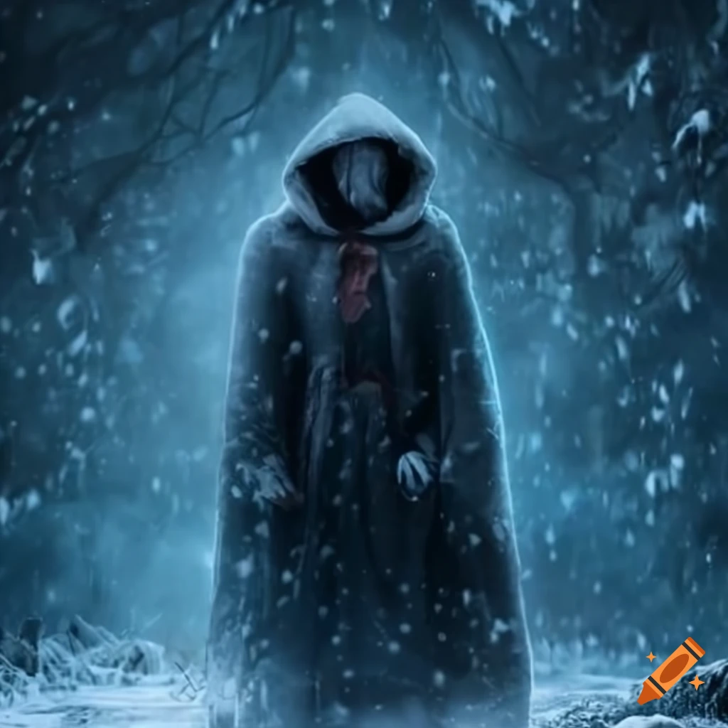 Frozen wizard in a blizzard with hooded attire on Craiyon