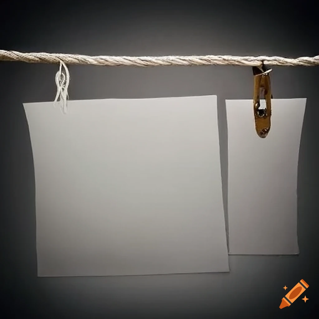 White papers hanging on a slim rope fixed with a clothespin on Craiyon