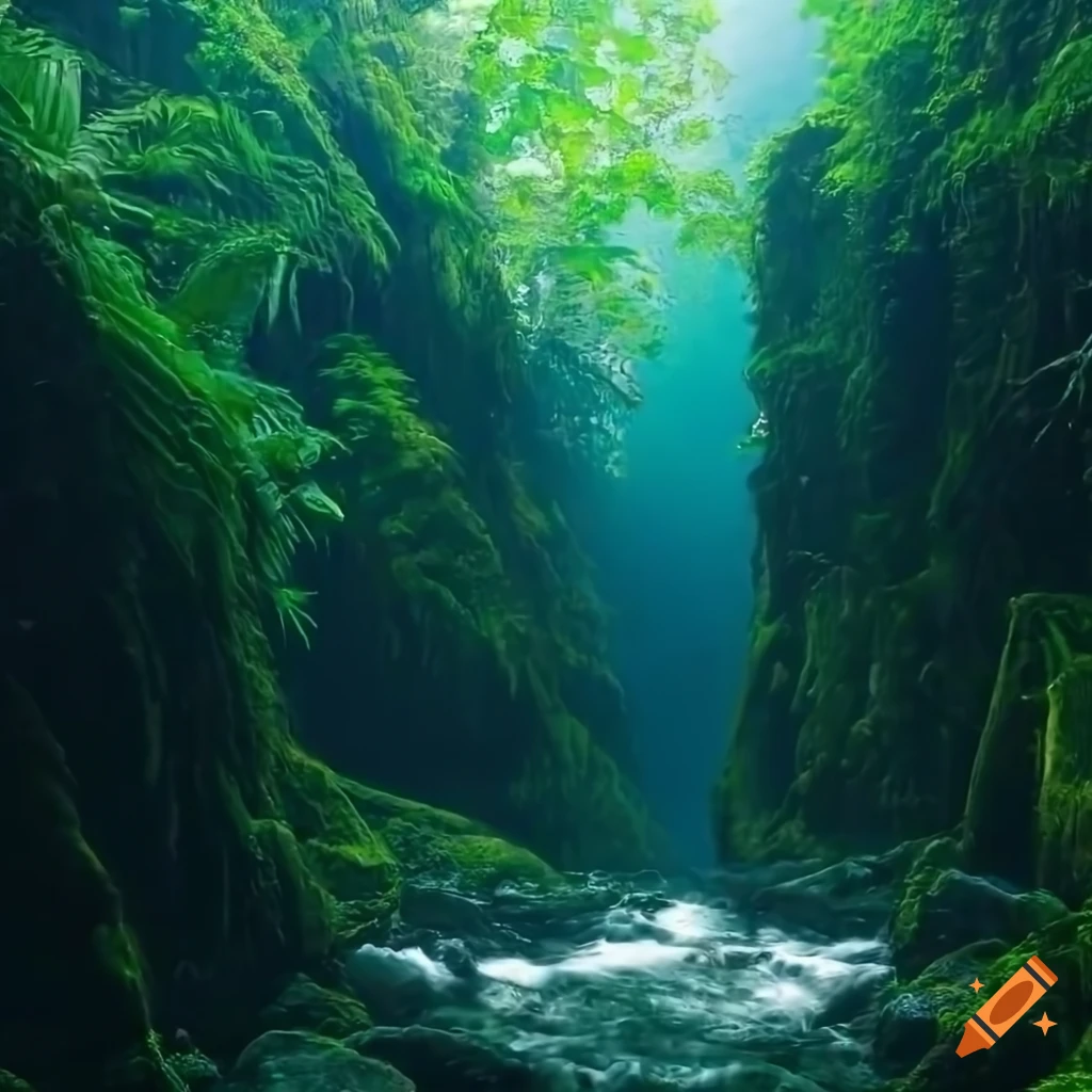 Split view of lush tropical forest above and below water with swimming ...