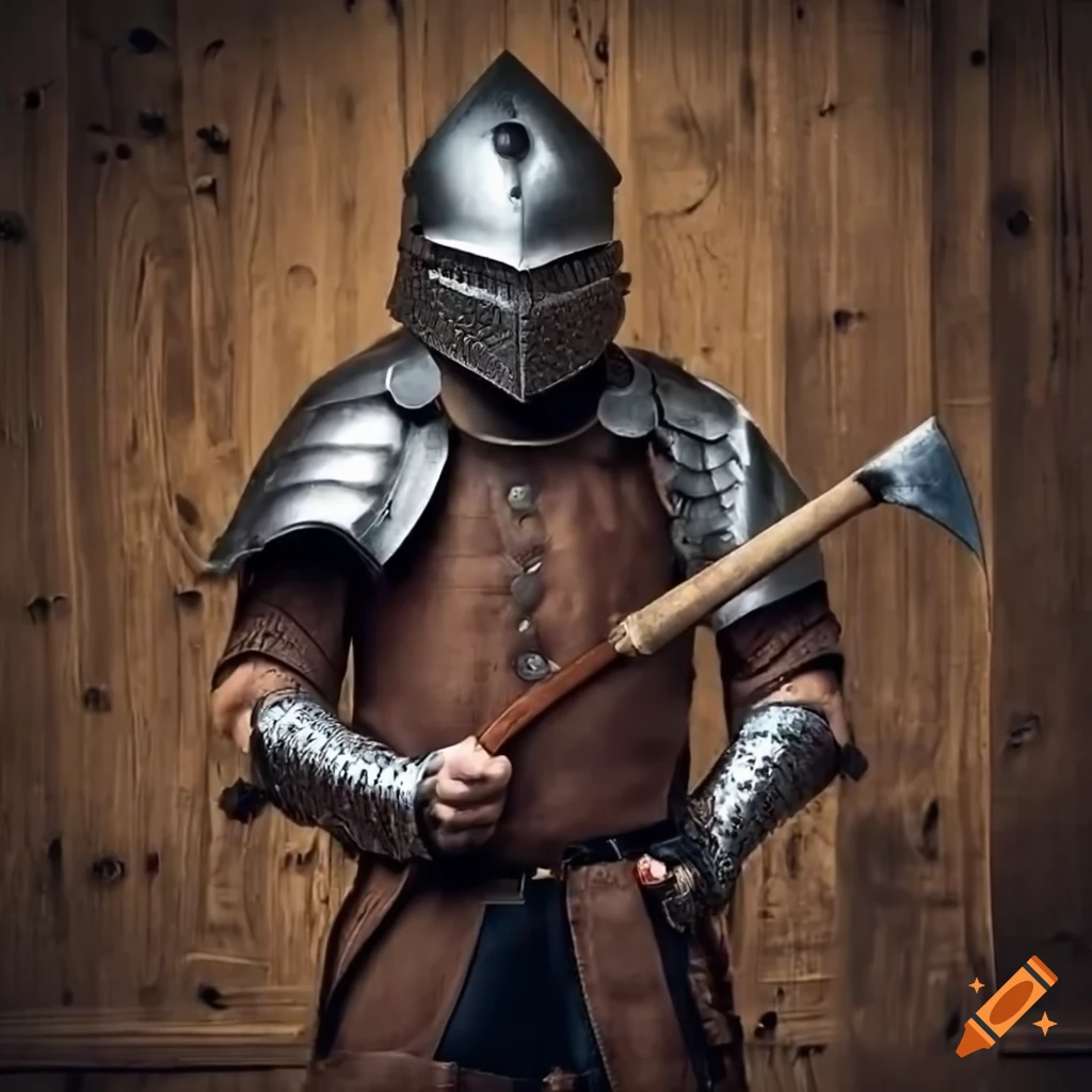 Person in leather armor with smiley mask and big axe on Craiyon