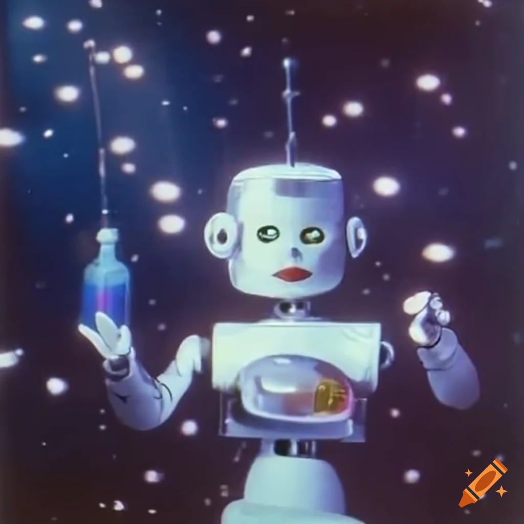 Girl robot with bubbling potion flying through space in an animated ...