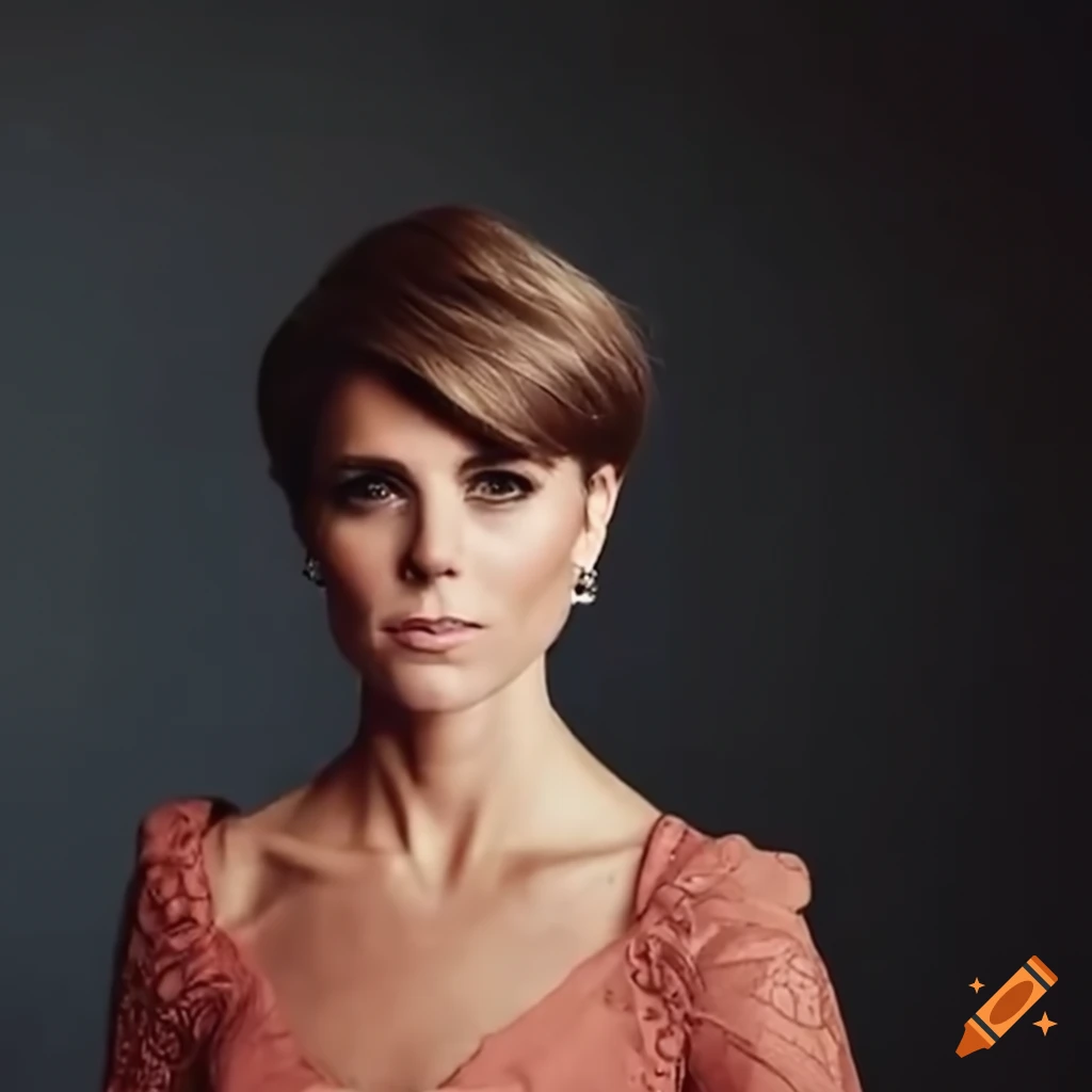 Catherine middleton with a new short brushed back pixie haircut on Craiyon