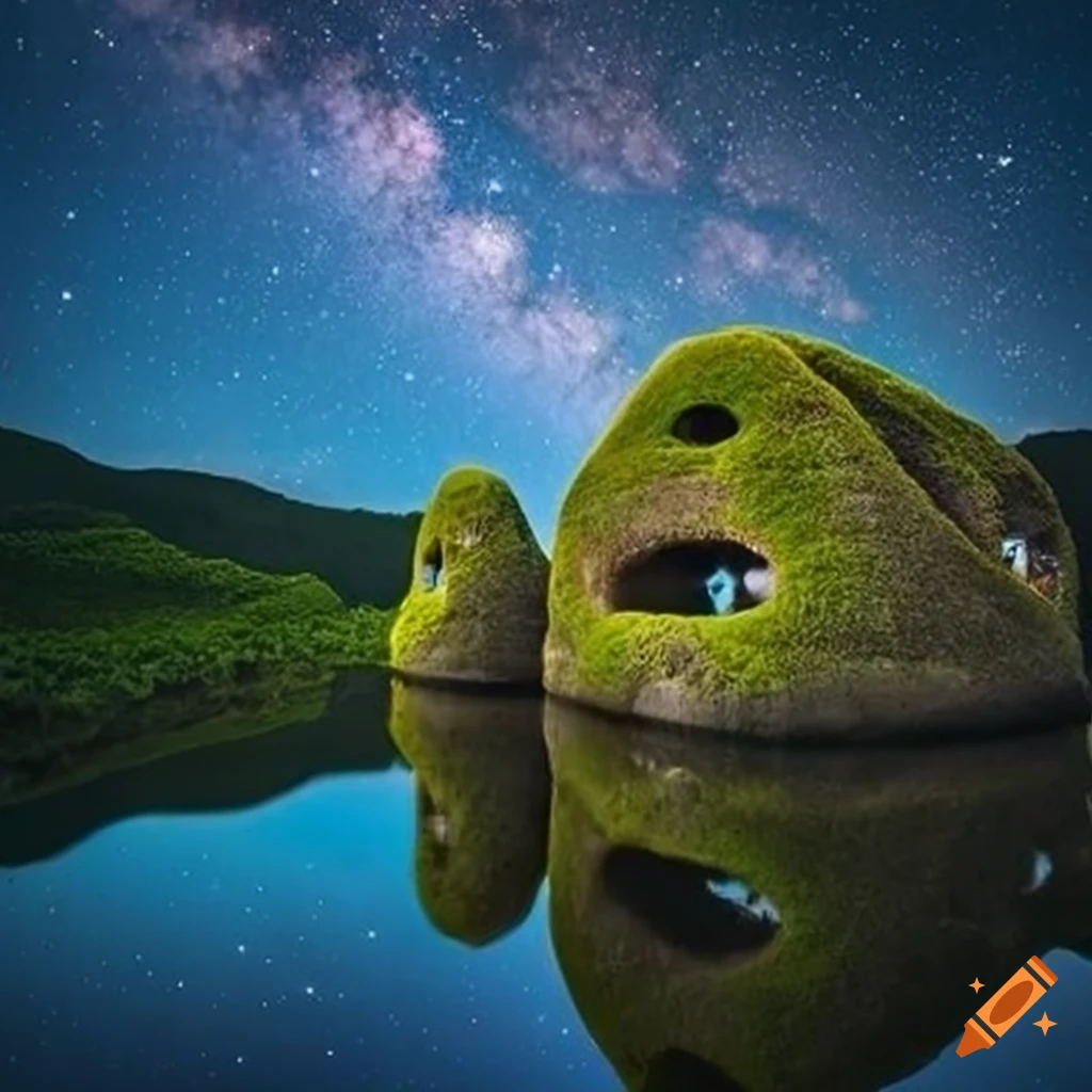 Moss-covered stone buildings on a floating island in outer space at ...