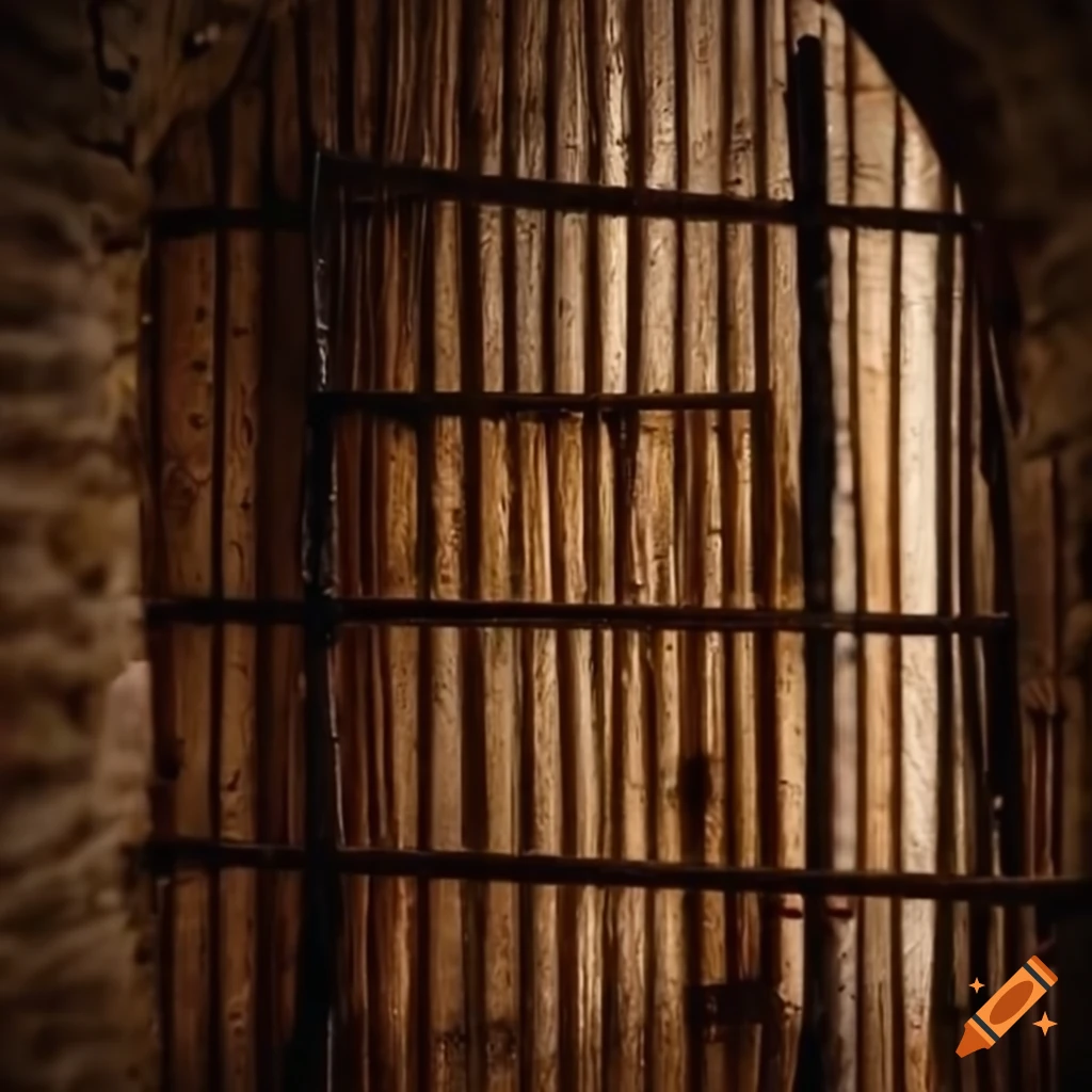 Inside a medieval cell with wooden bars on Craiyon