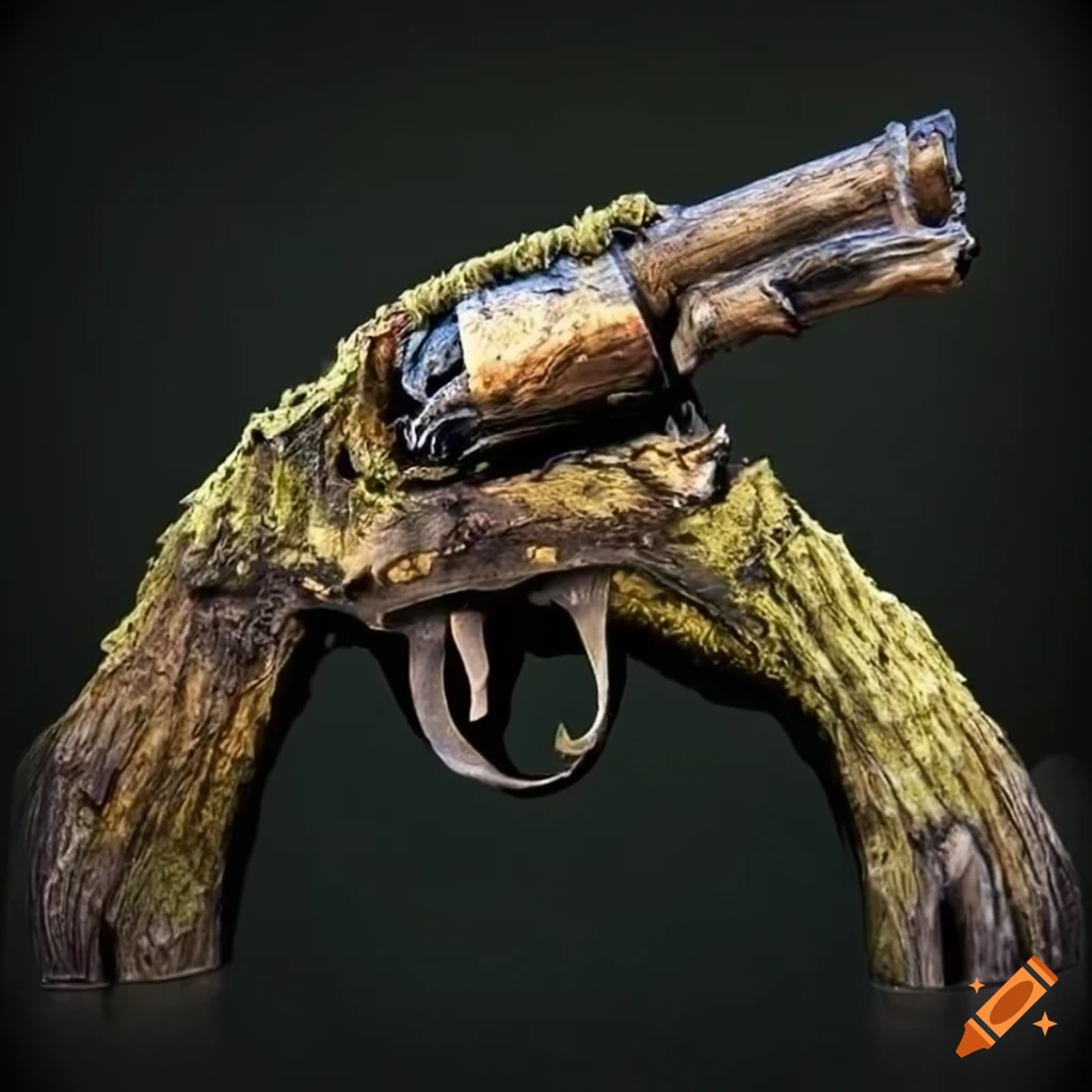 Fantasy revolver crafted from an ancient mossy tree stump on Craiyon