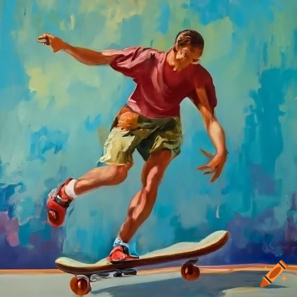 Vintage oil painting of an athlete skateboarding on Craiyon