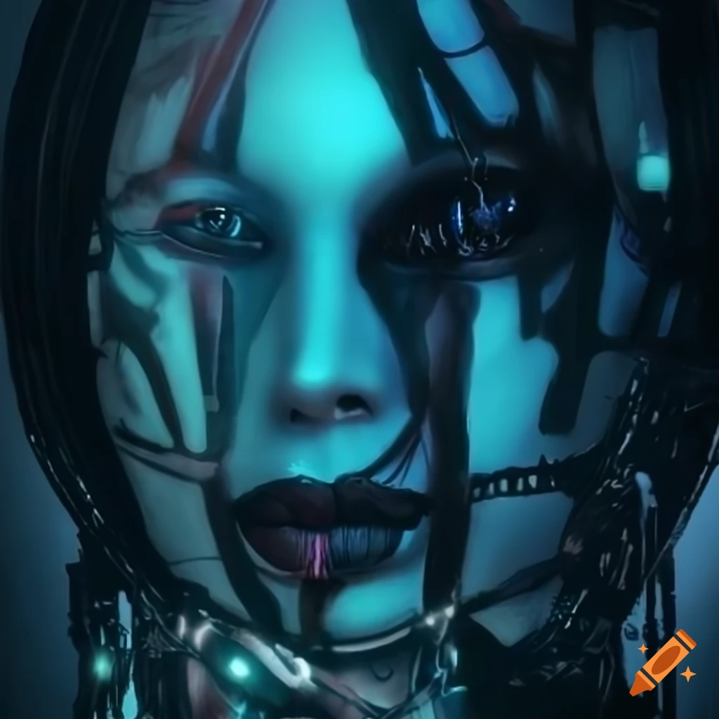 Close-up portrait of a female cyborg goddess in a dark cyberpunk ...