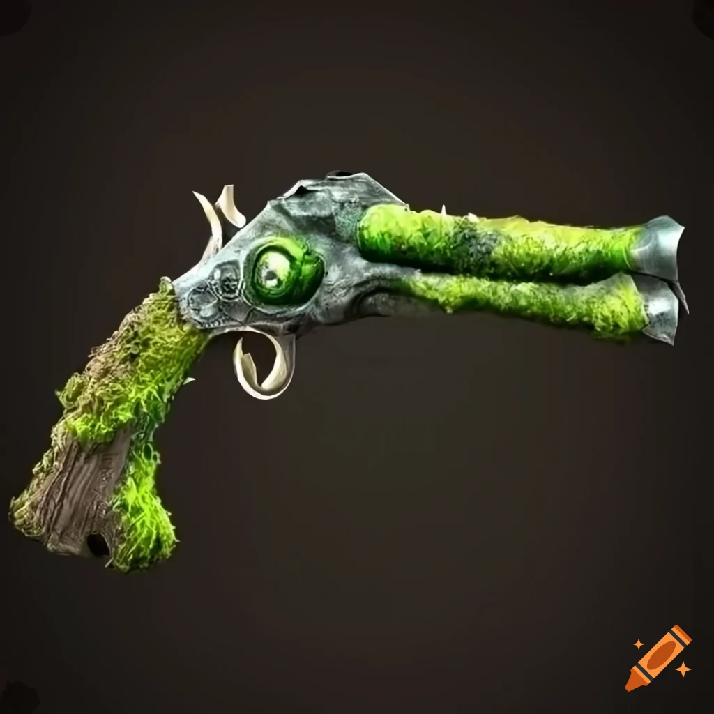 Fantasy handgun crafted from an ancient mossy tree stump on Craiyon