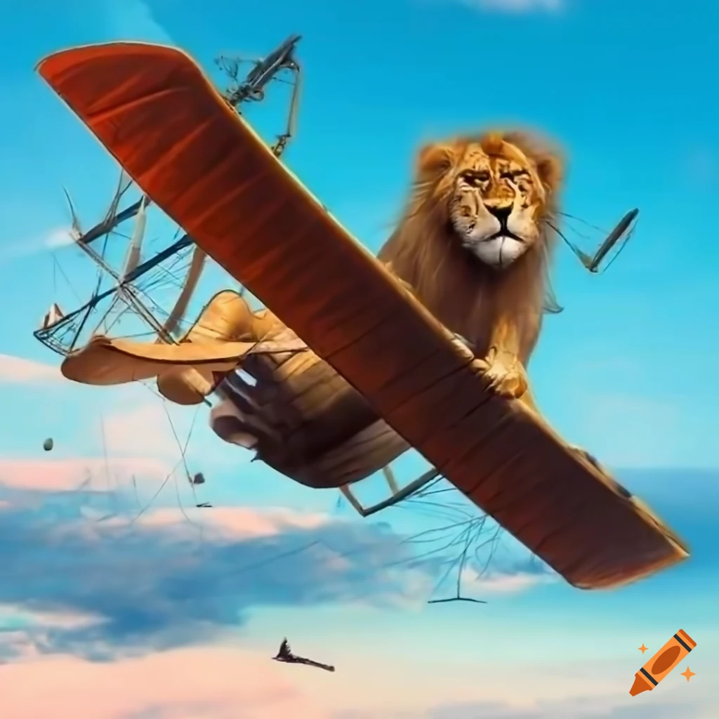 Lion flying on an old biplane in hyper-realistic style on Craiyon