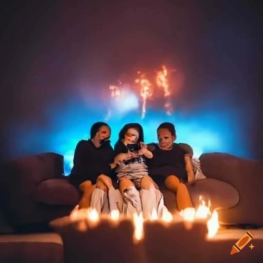 Family watching tv with fog machine and pyrotechnics on Craiyon