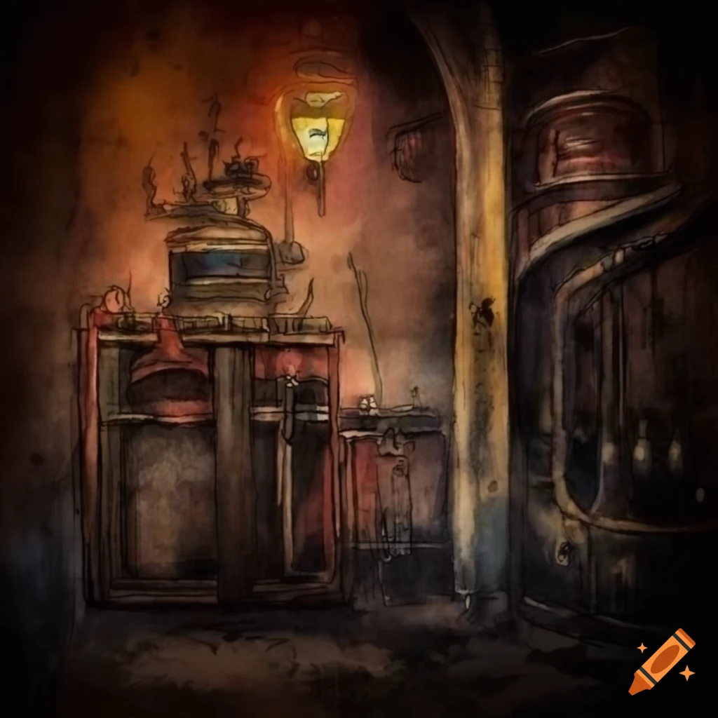Creepy boiler room watercolor illustration on Craiyon