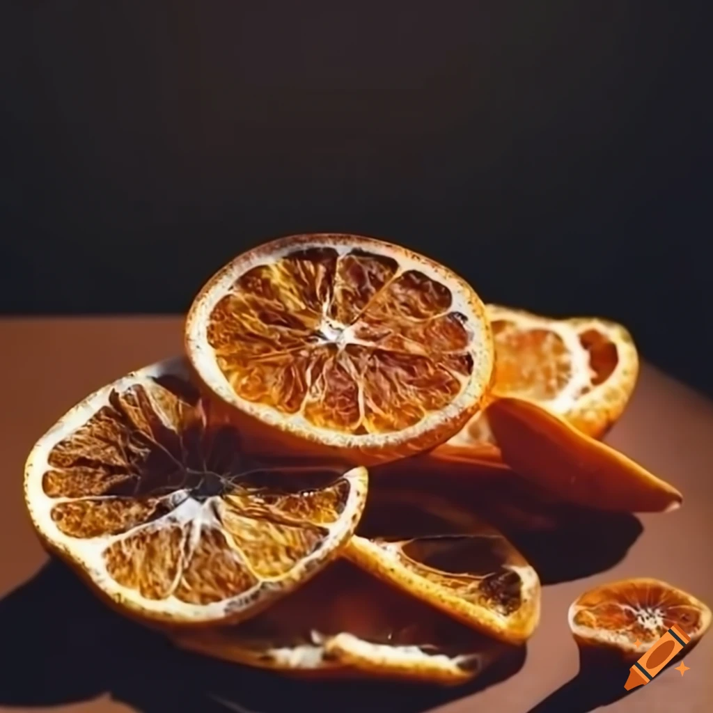Dried oranges on a table with sunlight on Craiyon