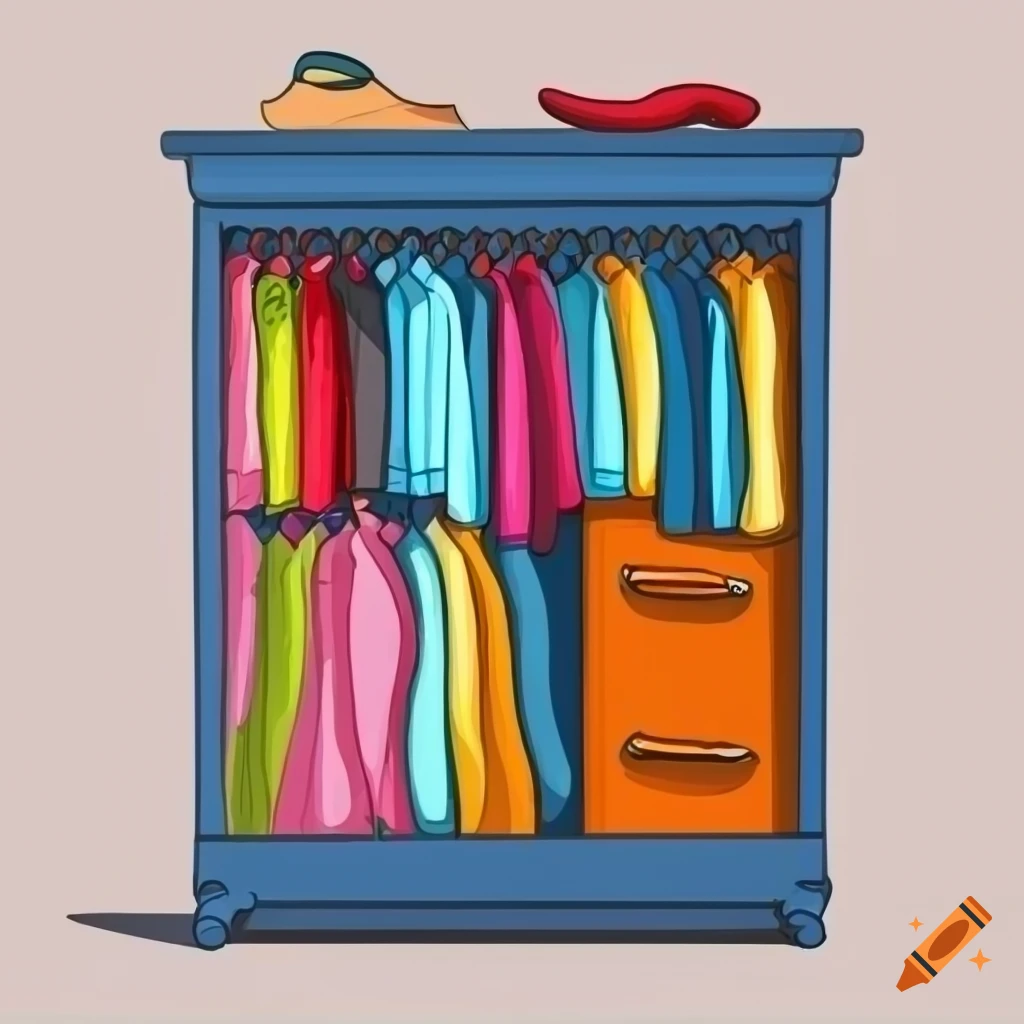 Colorful cartoon wardrobe with clothes arranged by color on Craiyon