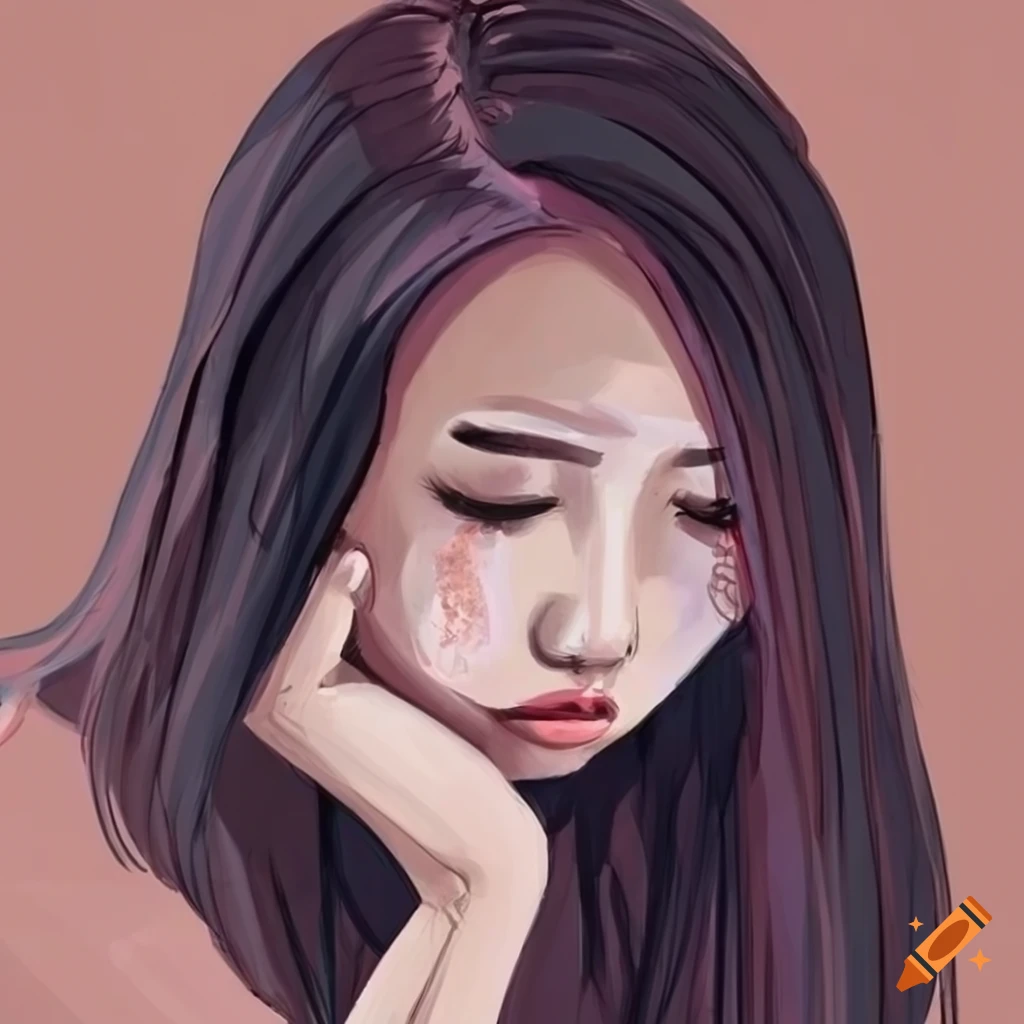 Drawing of young sad asian woman on Craiyon