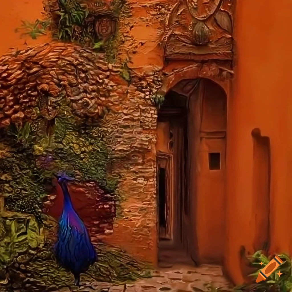 Abstract painting of an old Italian courtyard with power lines and ...