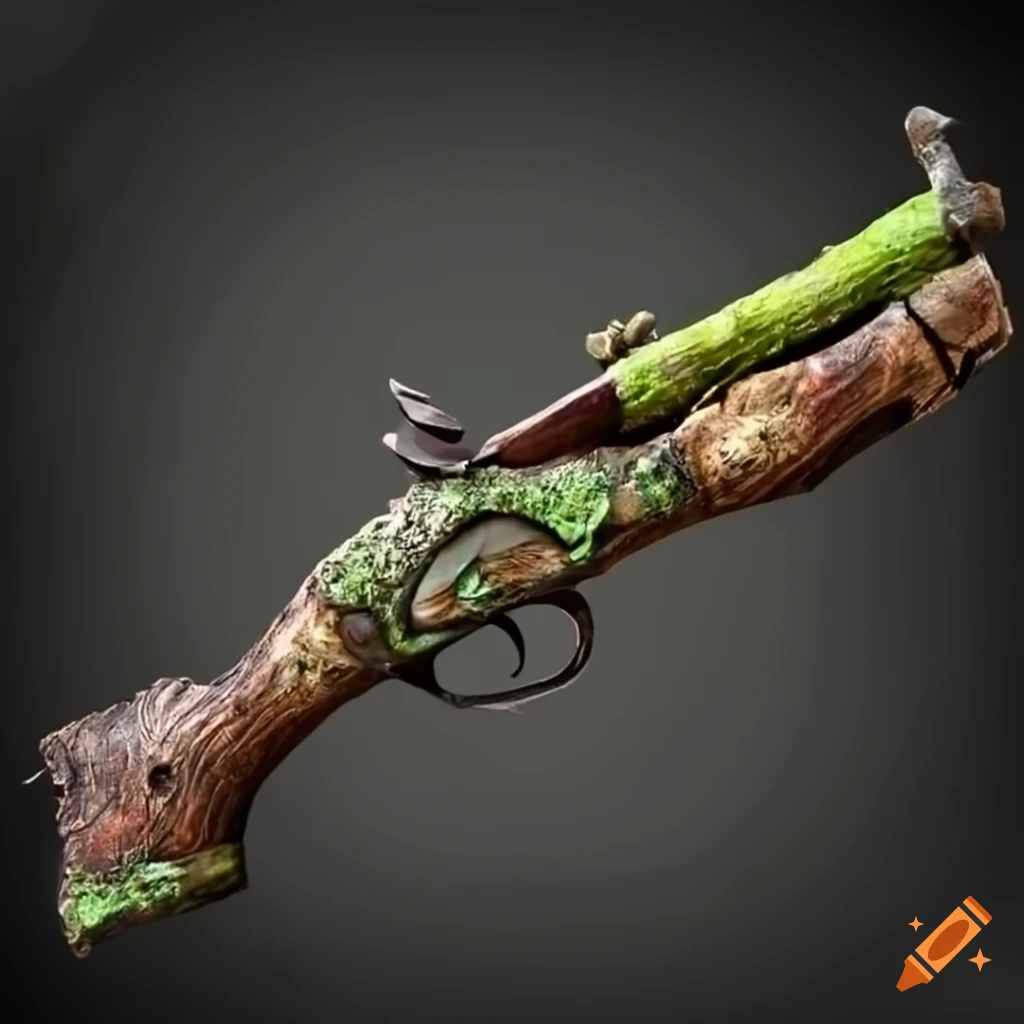 Fantasy pistol crafted from an ancient mossy tree stump on Craiyon