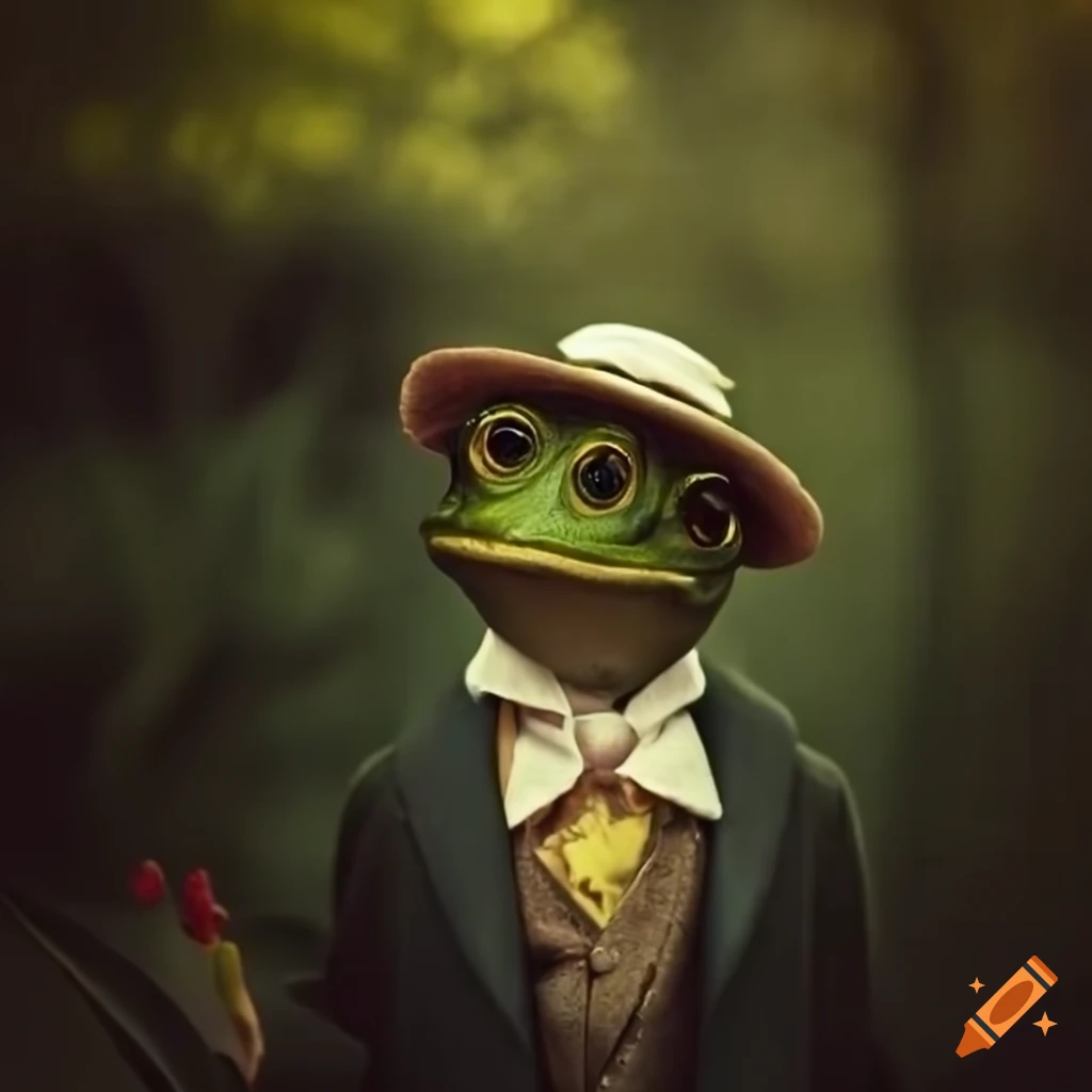 Surreal vintage portrait of a frog gentleman in a tulip garden on Craiyon