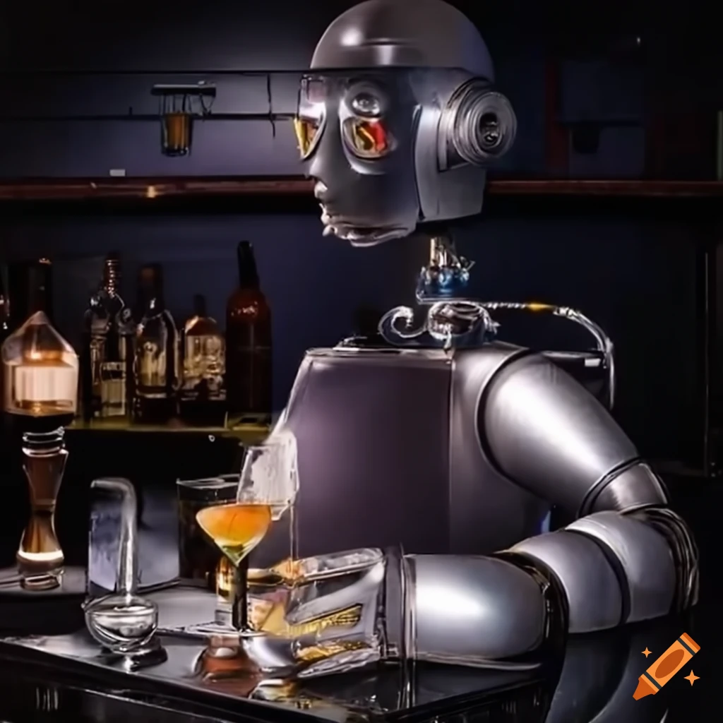 View from a 40th century space station with a robot bartender serving ...