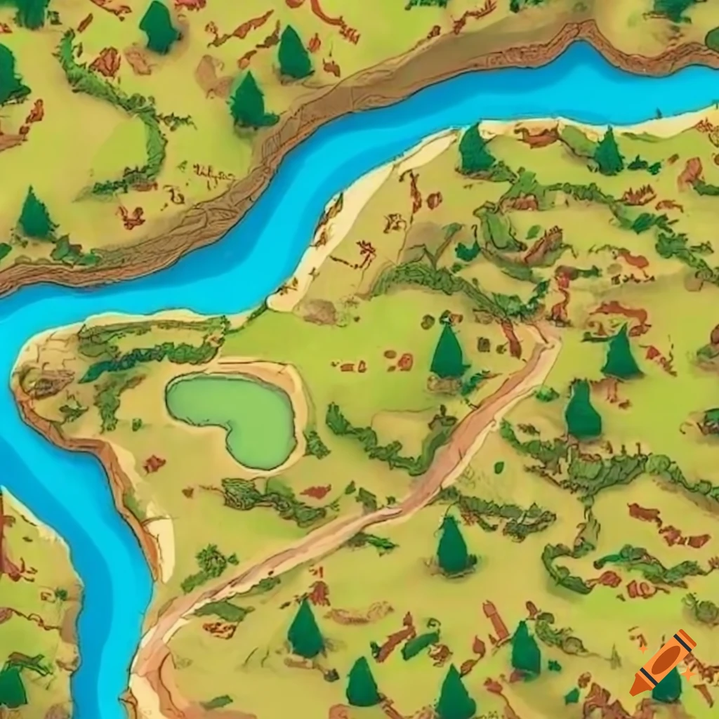 Map showing paths, plains, rivers, forests, and mountains on Craiyon