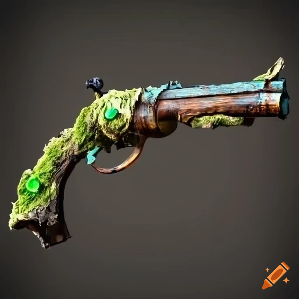 Fantasy handgun crafted from an ancient mossy tree stump on Craiyon