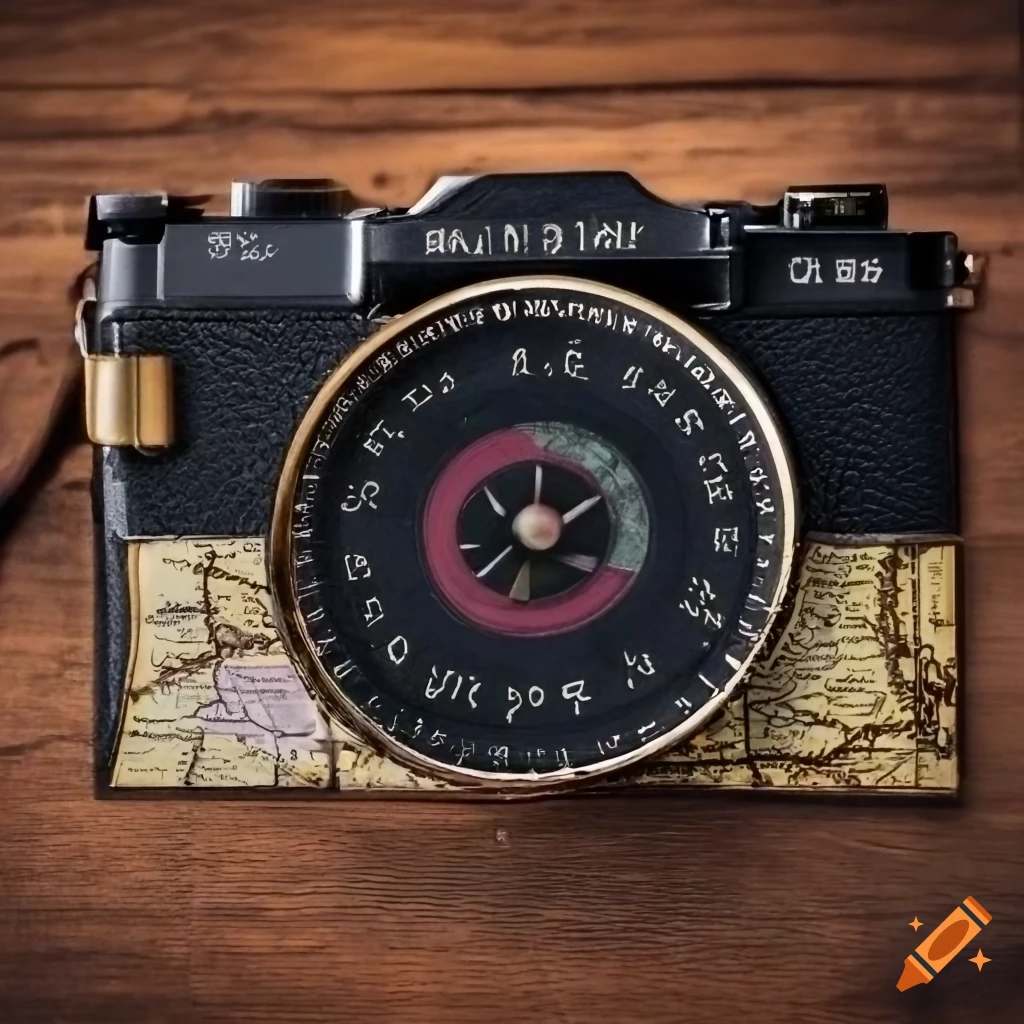 Map, camera, passport, and compass on Craiyon