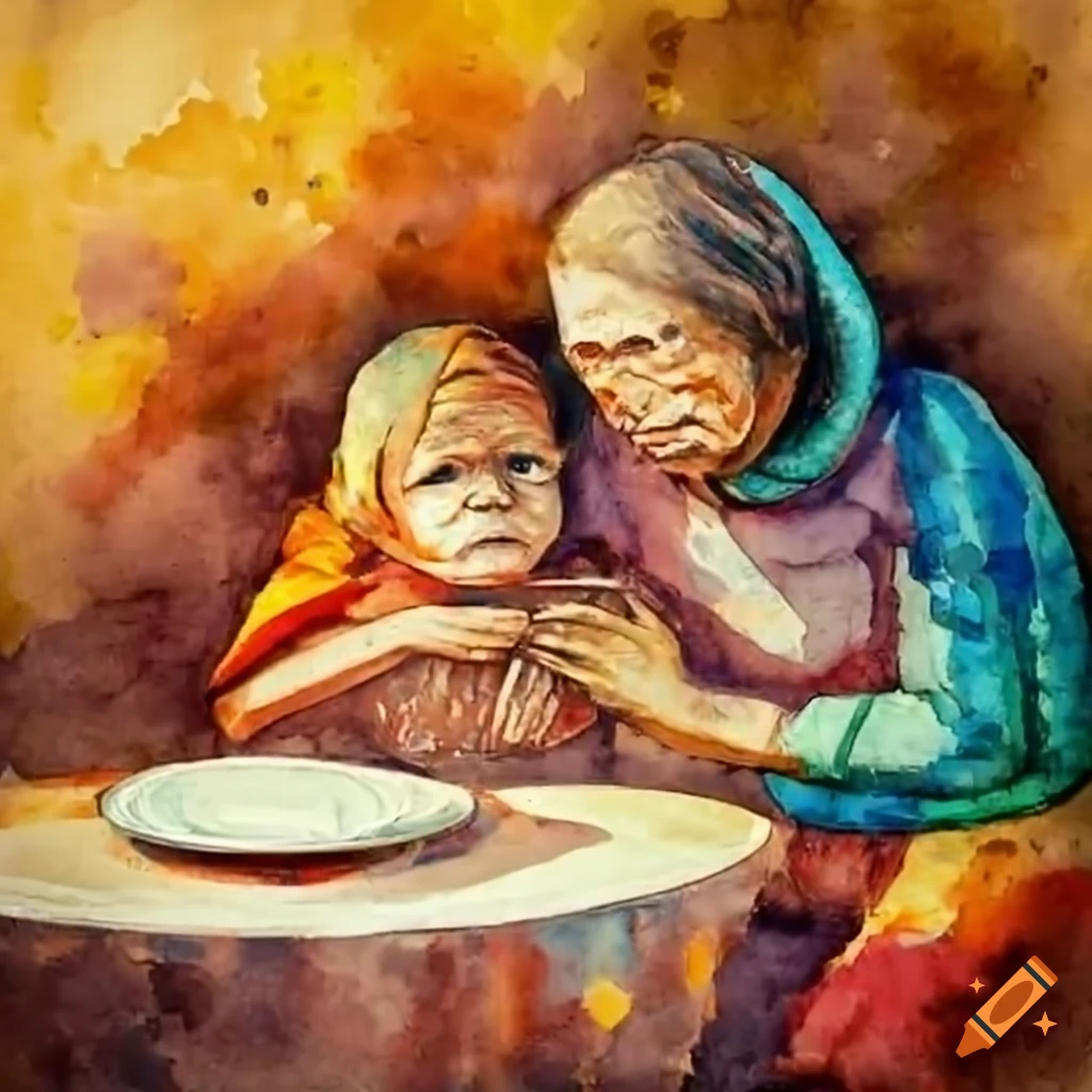 Family in poverty at dining table with empty plates on Craiyon