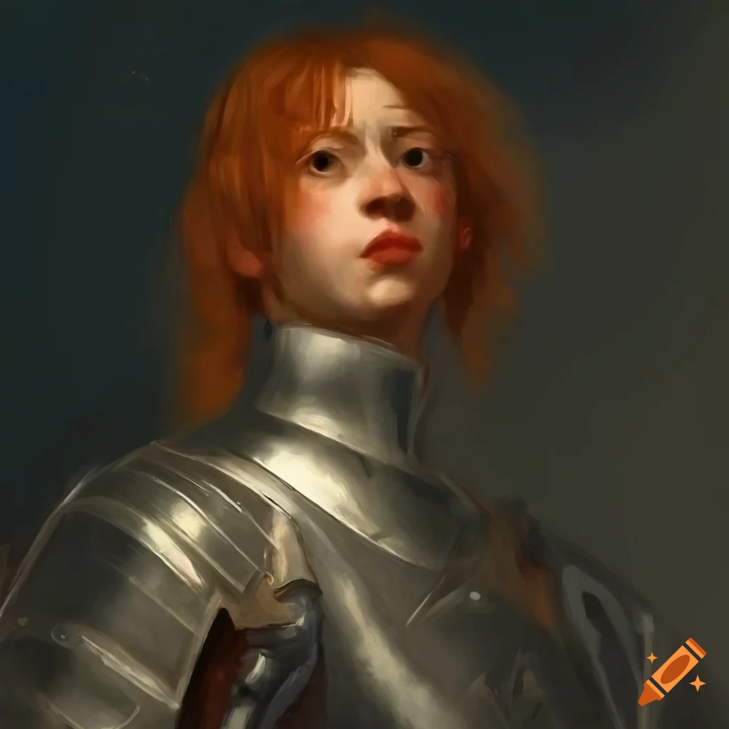 Portrait of a mysterious young man in knight armor with ginger hair on ...