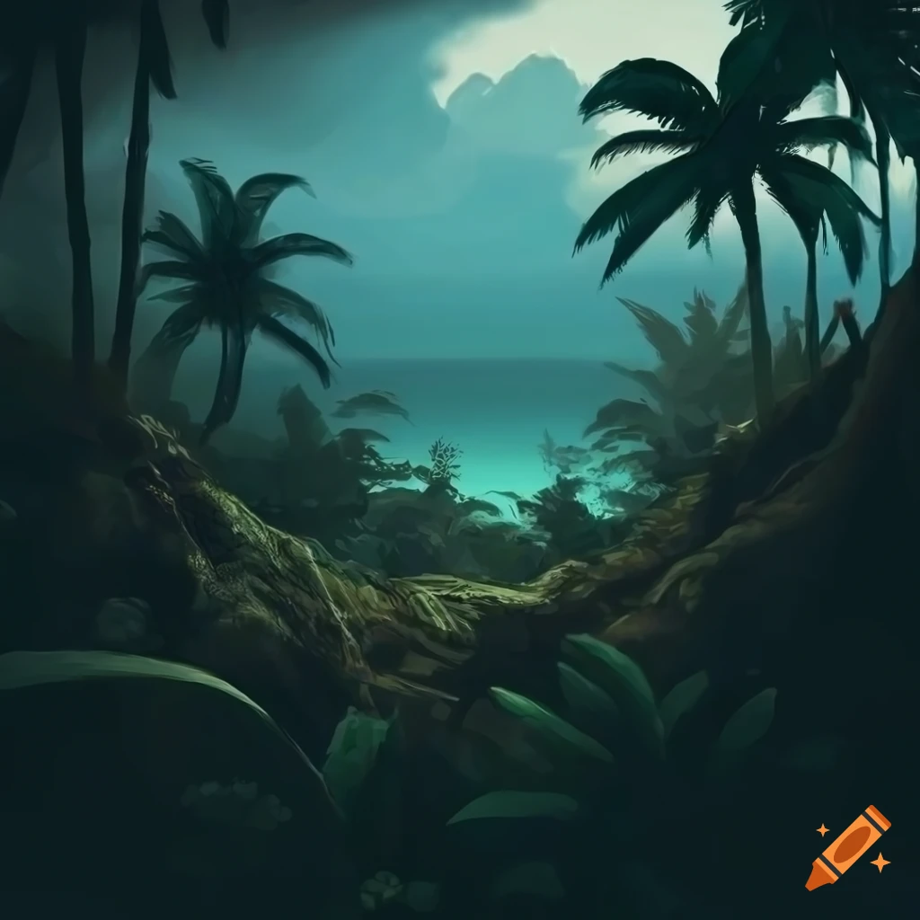 Palm trees in a dark jungle setting against a cliff backdrop in 2d on ...