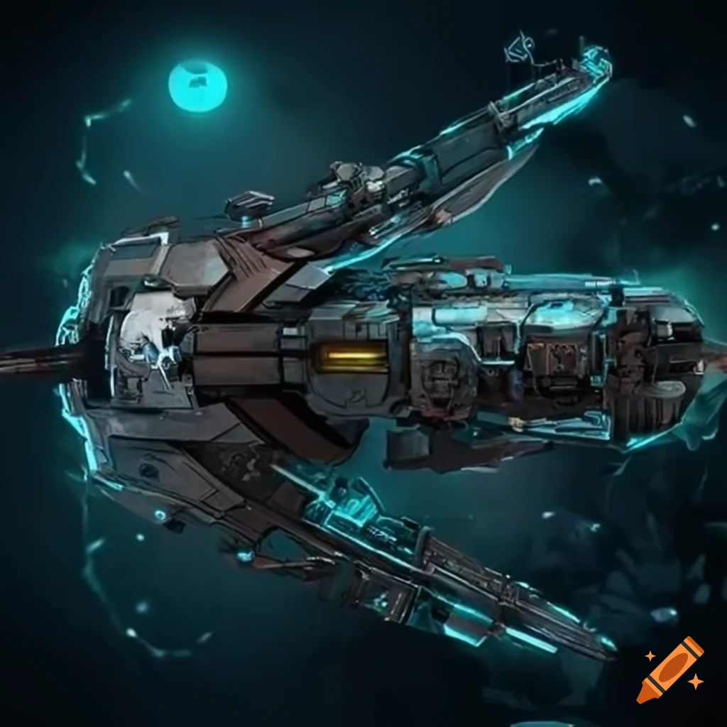 Intricately detailed futuristic pirate spacecraft from the side view on ...