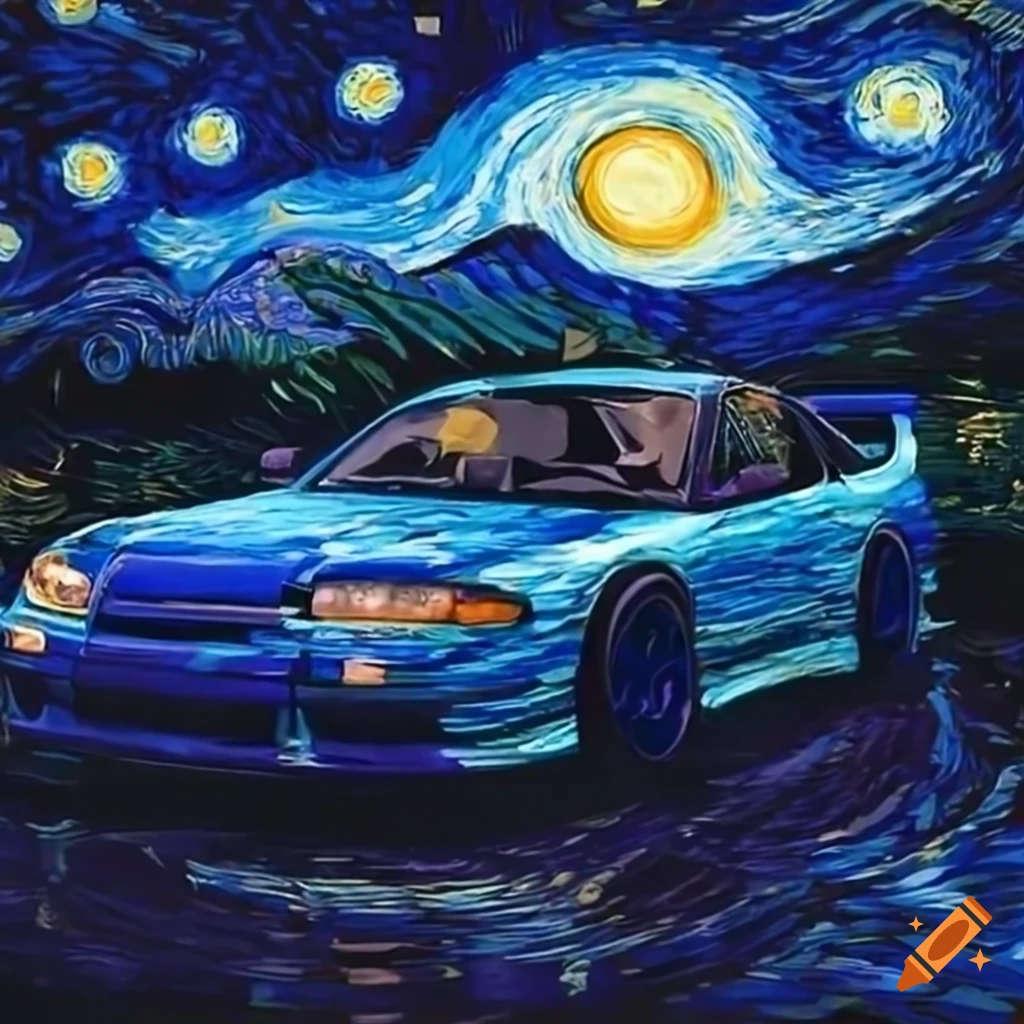 Stunning Honda 240sx car in blue with Starry Night swirls design on Craiyon